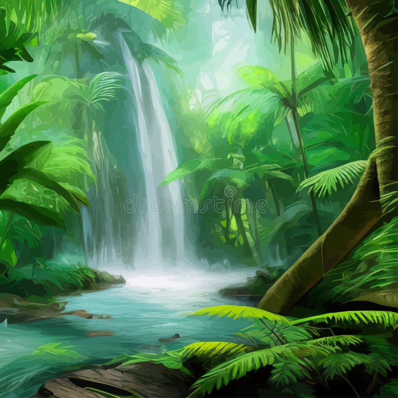 Beautiful Waterfall In Deep Rainforest Like Heaven Jungle With Wildlife Stock Illustration