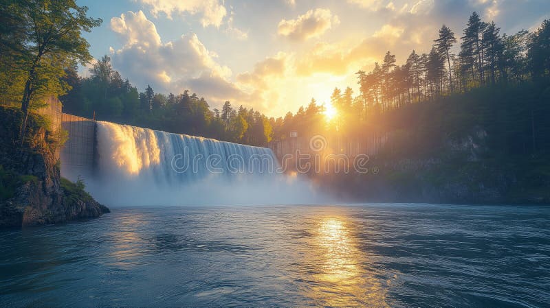 Waterfall Cascading Down a Dam with Trees and Sunlight in the ...