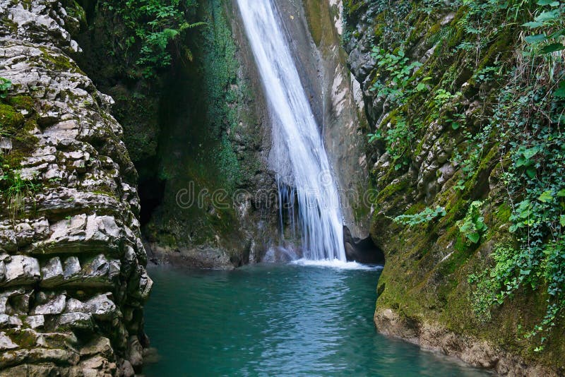 Beautiful Waterfall in Forest among the Gorge Stock Image - Image of ...