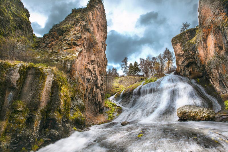 Waterfall and Rock with Trees Aunder Sky Stock Image - Image of water ...