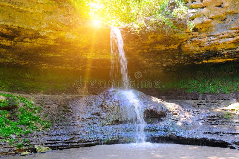 Beautiful Waterfall in the Forest and Sun Stock Photo - Image of ...