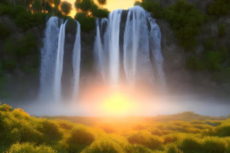 Beautiful Waterfall in the Forest, Sunset Reflection in the Water. AI ...