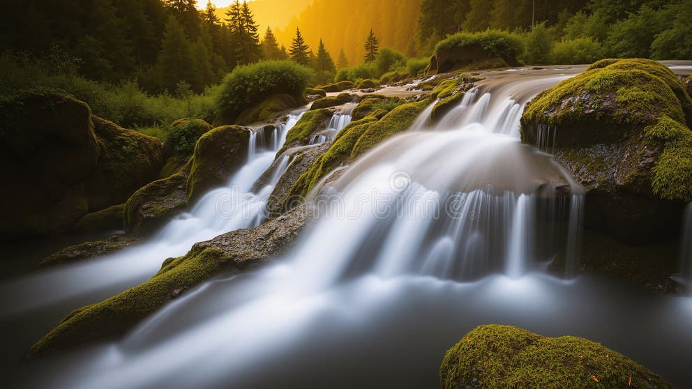 Beautiful Waterfall in the Forest. Twilight with Sunlight Stock ...
