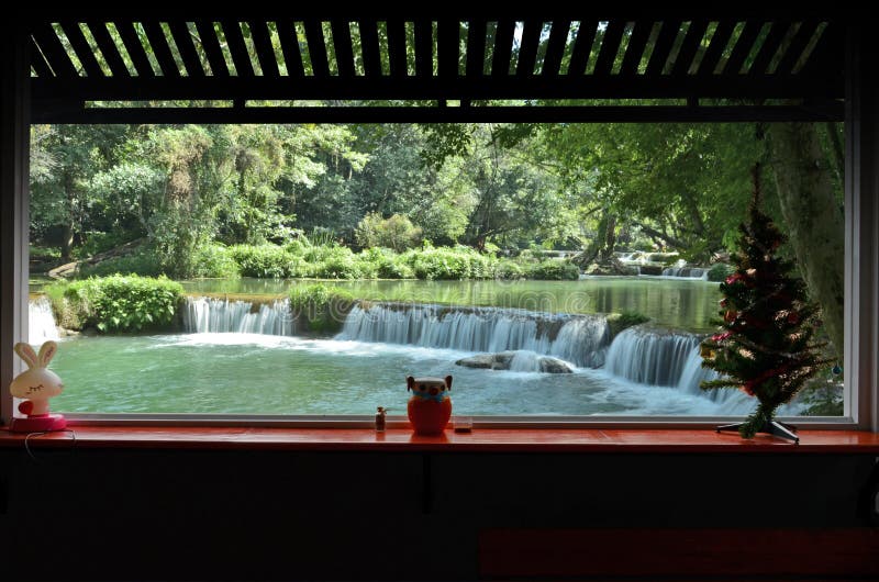 Beautiful Waterfall and Forest in Window View Stock Image - Image of ...