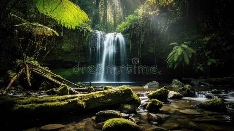 Beautiful Waterfall in Green Forest in Jungle Stock Illustration ...