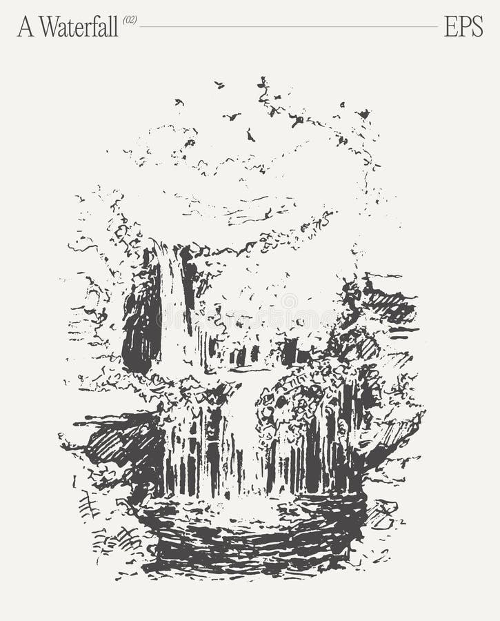 A Beautiful Waterfall. Hand Drawn Vector Illustration, Sketch Stock ...