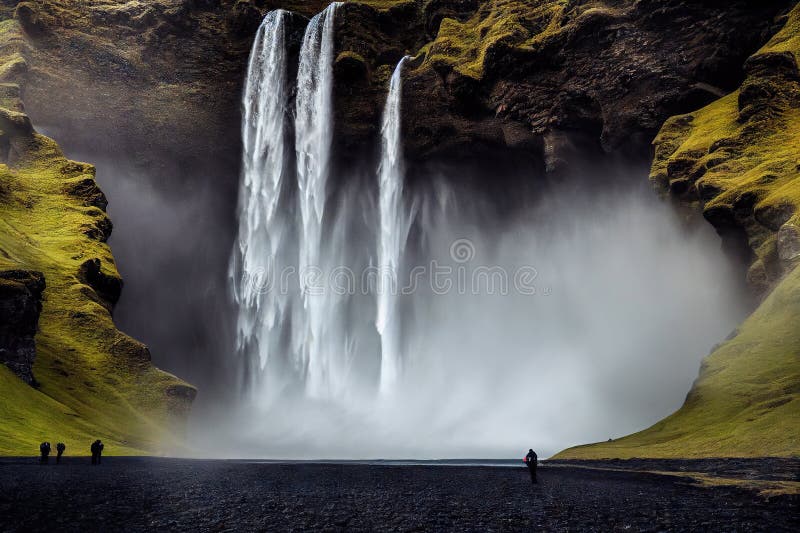 Beautiful Waterfall among High Mossy Cliffs on Iceland Beach Stock ...