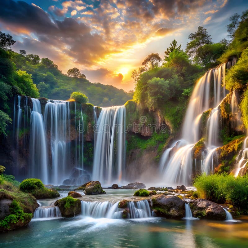 Beautiful Waterfall Landscape with Sunset in Fores Stock Image - Image ...