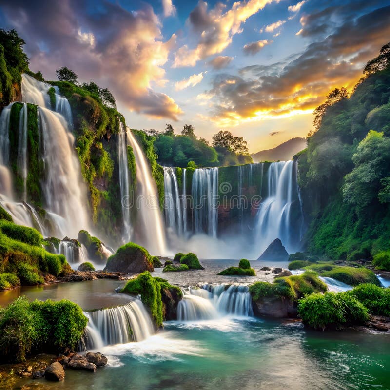Beautiful Waterfall Landscape with Sunset in Fores Stock Image - Image ...