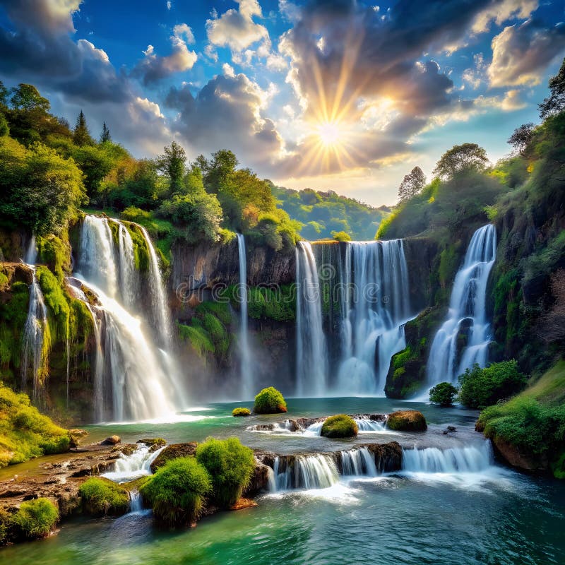 Beautiful Waterfall Landscape with Sunset in Fores Stock Image - Image ...