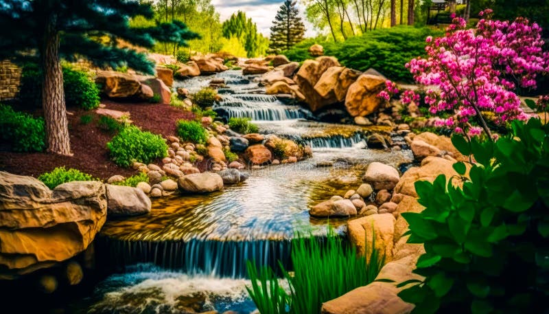 Beautiful Waterfall in the Middle of Garden. Generative AI Stock ...