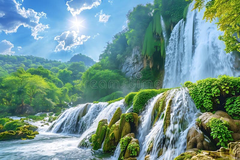 Waterfall in Tropical Green Tree Forest. Beautiful Waterfall at the ...