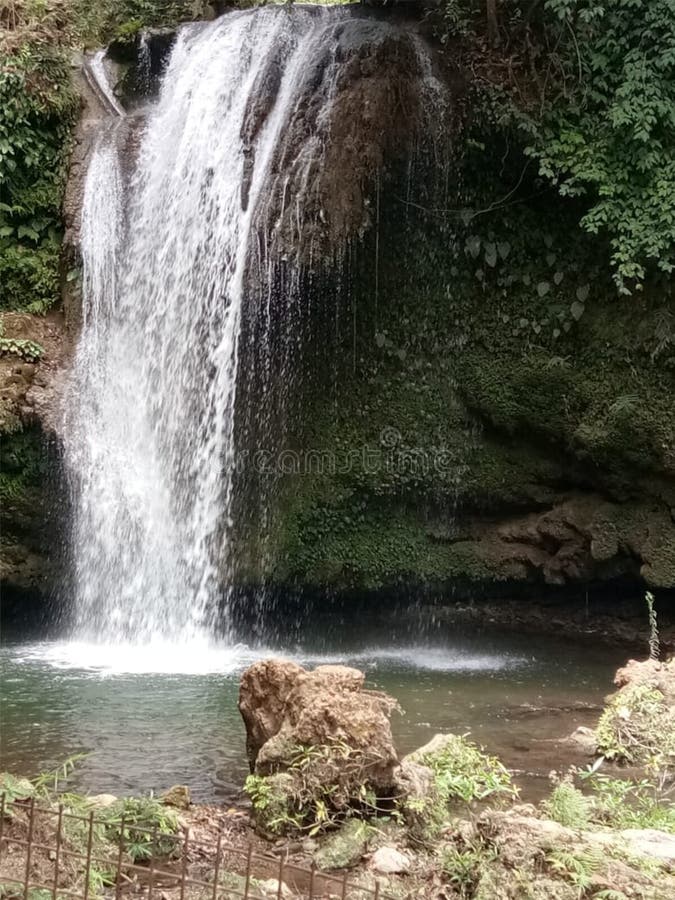 Waterfall.Beautiful Waterfall Over Natural Rocks with Leaves Stock ...