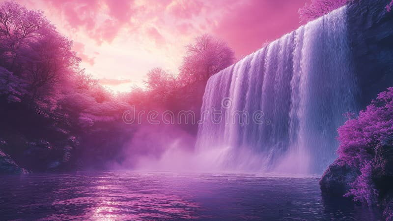 A Beautiful Waterfall with Purple Water and a Pink Sky Stock Photo ...