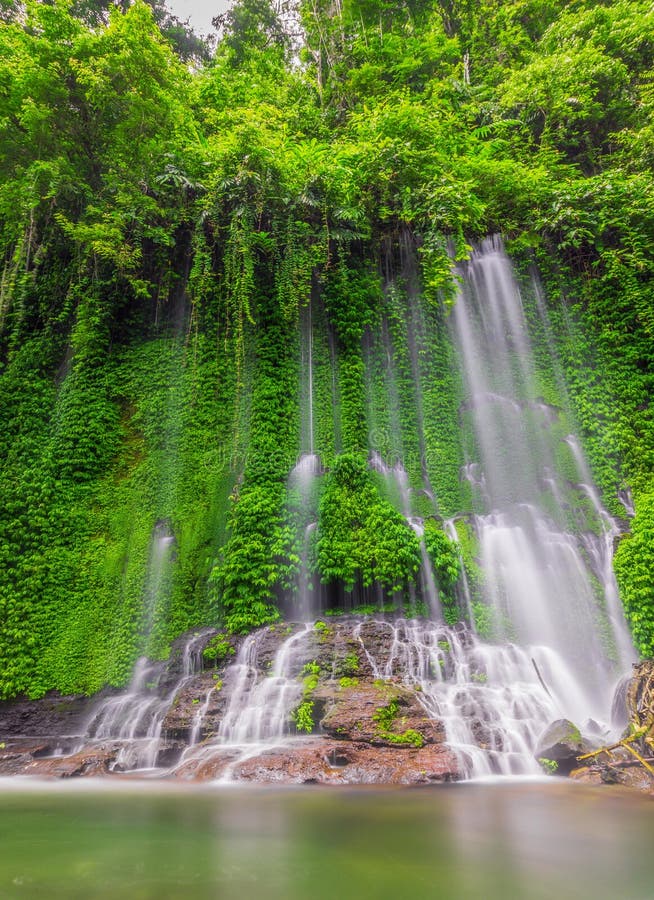 Beautiful Waterfall Scenery with Green Leaves in Summer Stock Photo ...