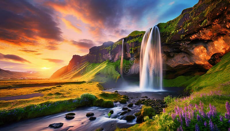 Beautiful Waterfall at Sunset Stock Illustration - Illustration of ...