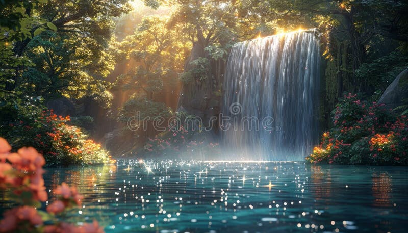 A Beautiful Waterfall is Surrounded by Lush Green Trees and a Calm Lake ...