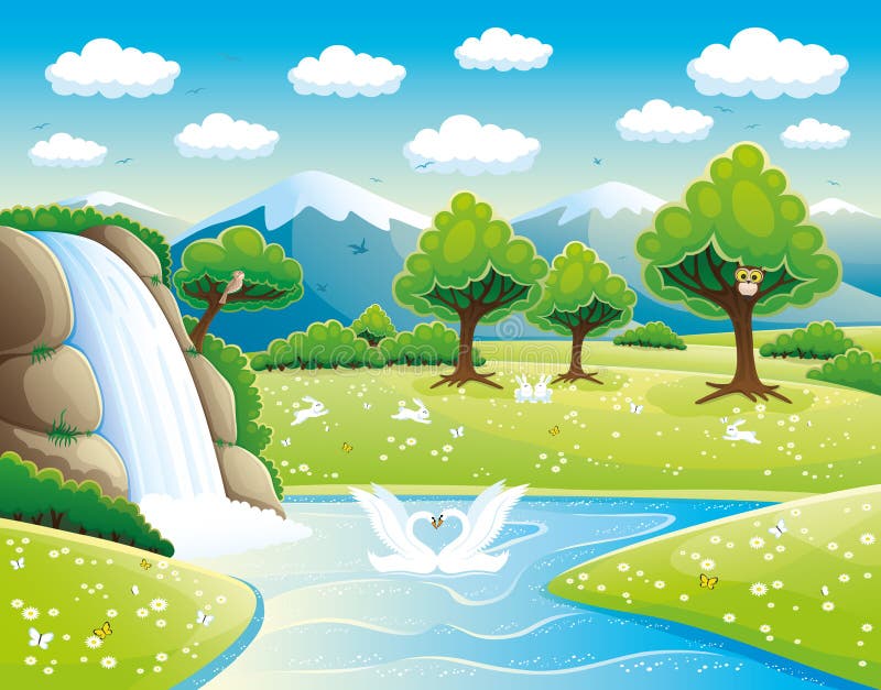 Beautiful Waterfall and Swans. Stock Vector - Illustration of summer ...