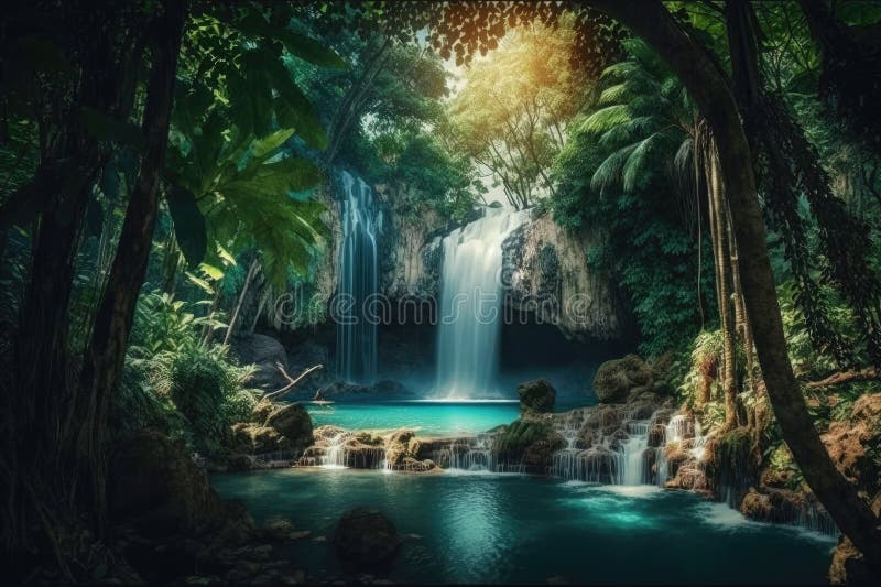 Beautiful Waterfall in Tropical Jungle. Cascade Waterfall in Green Tree ...