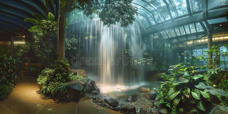 A Beautiful Waterfall in the Tropical Rainforest, Inside an Indoor ...