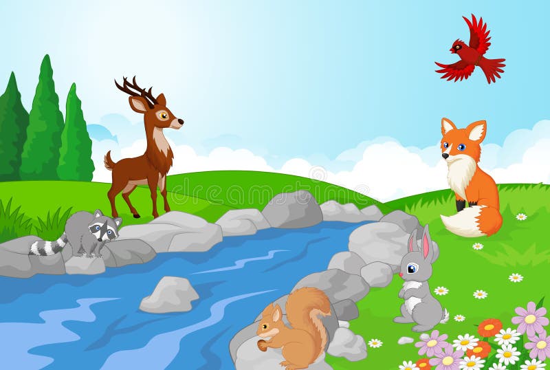 Beautiful Waterfall with Wild Animals Stock Vector - Illustration of ...