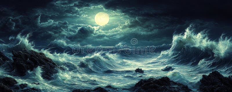 Beautiful Waves and a Full Moon in a Seascape Night Fantasy Stock ...