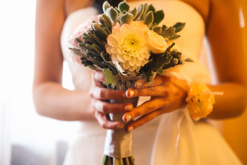 Beautiful Wedding Bouquet of Flowers in Hands the Bride Stock Photo ...
