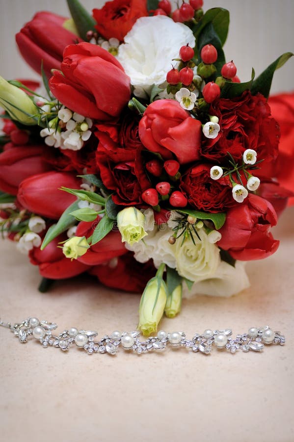 Beautiful Wedding Bouquet and Necklace on the Table Stock Photo - Image ...