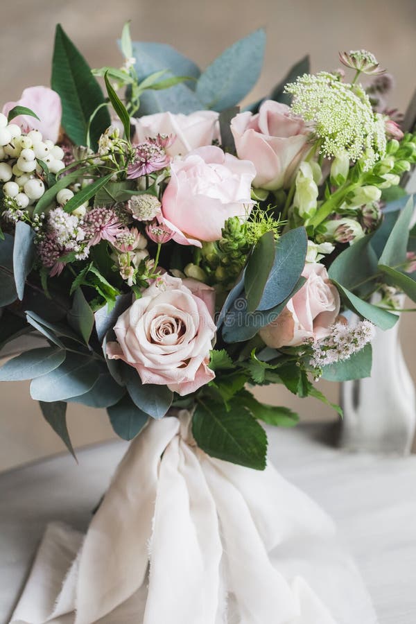 Beautiful Wedding Bouquet with Roses and Peonies Closeup Stock Image ...