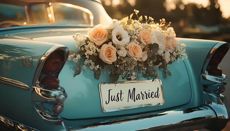 Beautiful Wedding Car with Plate JUST MARRIED Stock Photo - Image of ...