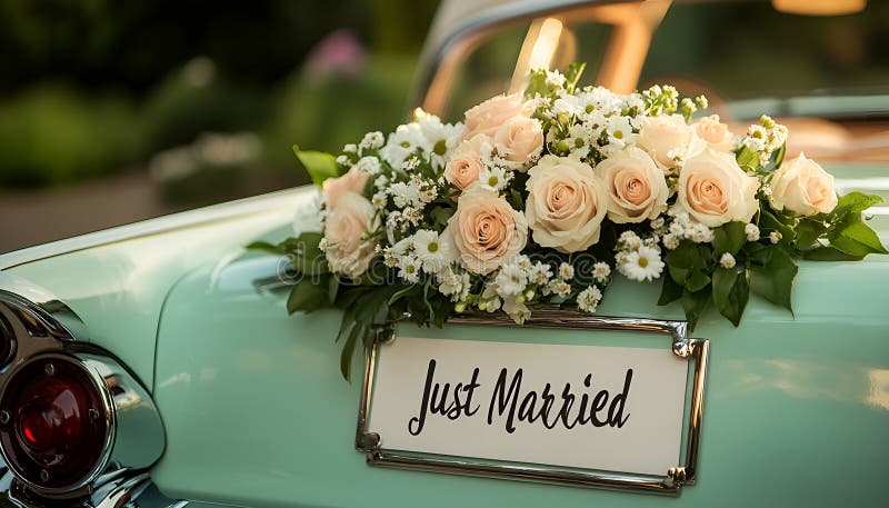Beautiful Wedding Car with Plate JUST MARRIED Stock Photo - Image of ...