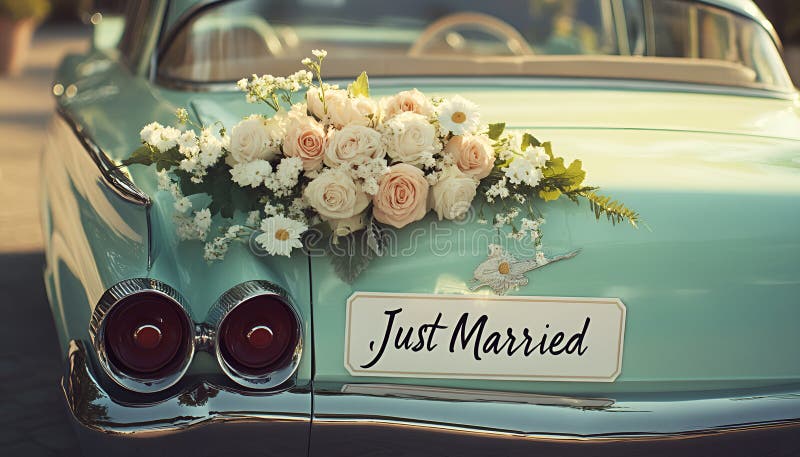 Beautiful Wedding Car with Plate JUST MARRIED Stock Photo - Image of ...