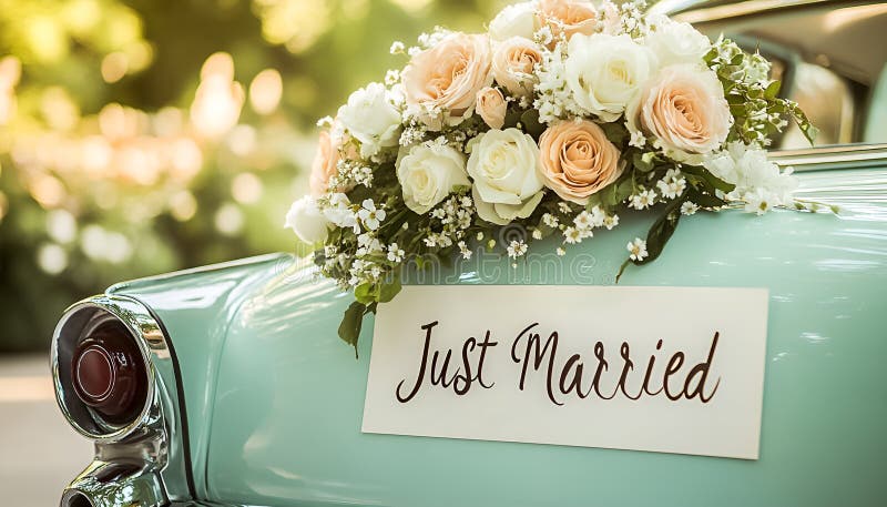 Beautiful Wedding Car with Plate JUST MARRIED Stock Image - Image of ...