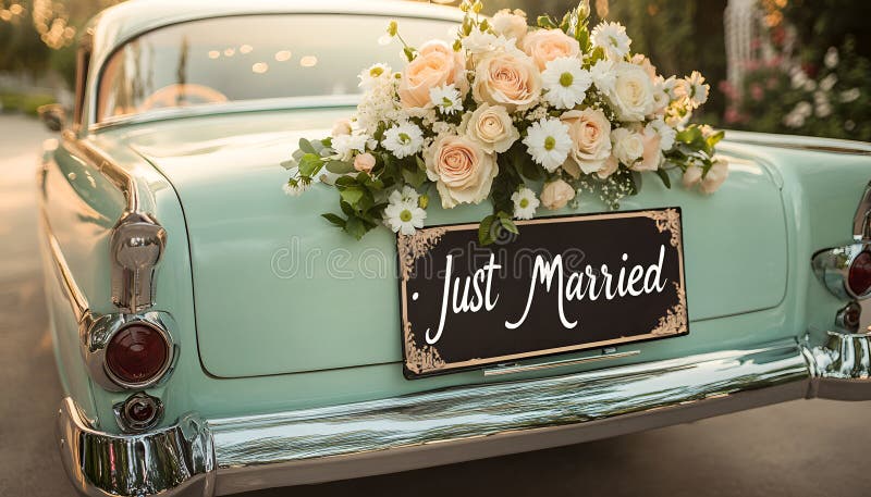 Beautiful Wedding Car with Plate JUST MARRIED Stock Photo - Image of ...