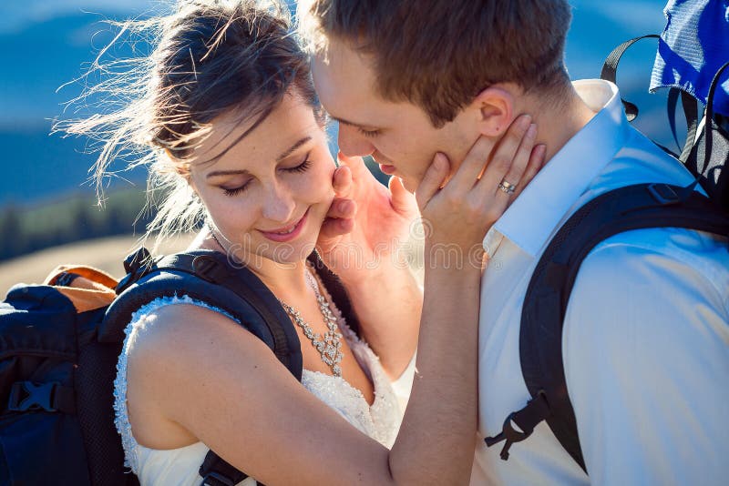 Beautiful Wedding Couple Hugs Closeup Honeymoon In Alps Stock Image