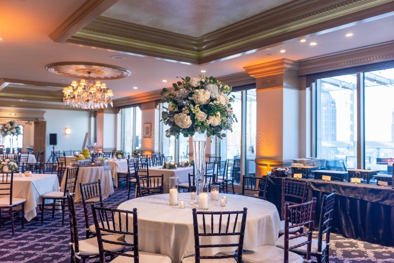 Beautiful Wedding Hall with Tables with Elegant Setting Stock Photo ...