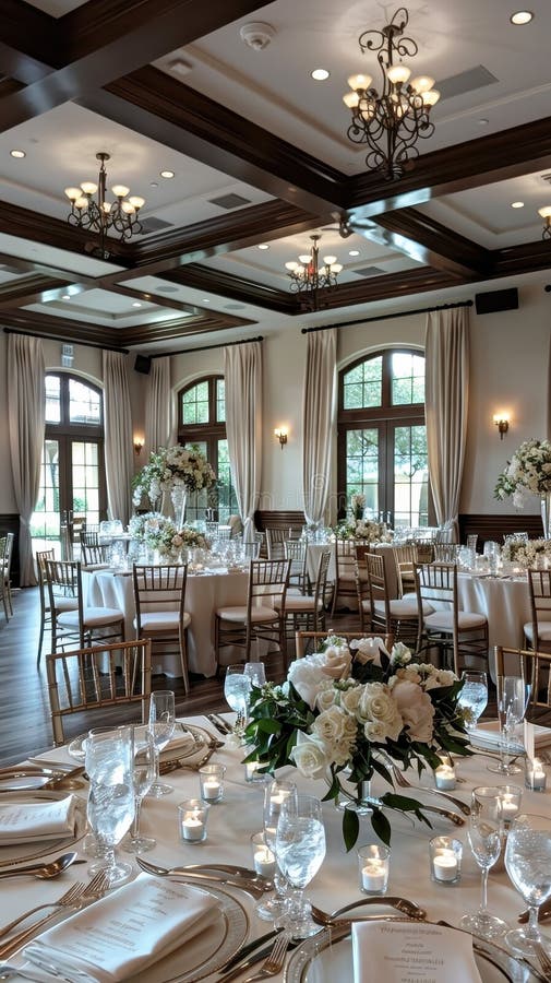 Stunning Wedding Reception Hall Elegantly Set with Tables and Chairs ...