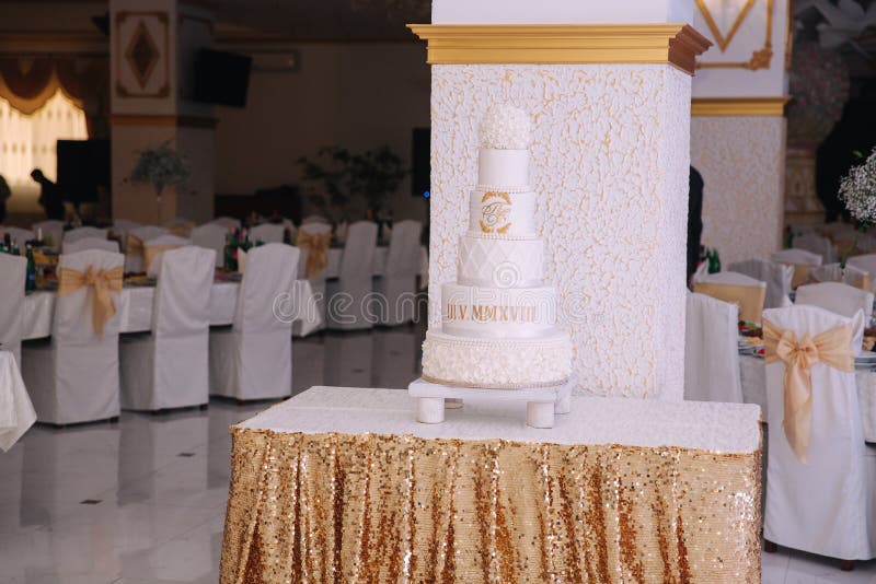 Beautiful Wedding White Cake in Restaurant. Inside Stock Photo - Image ...