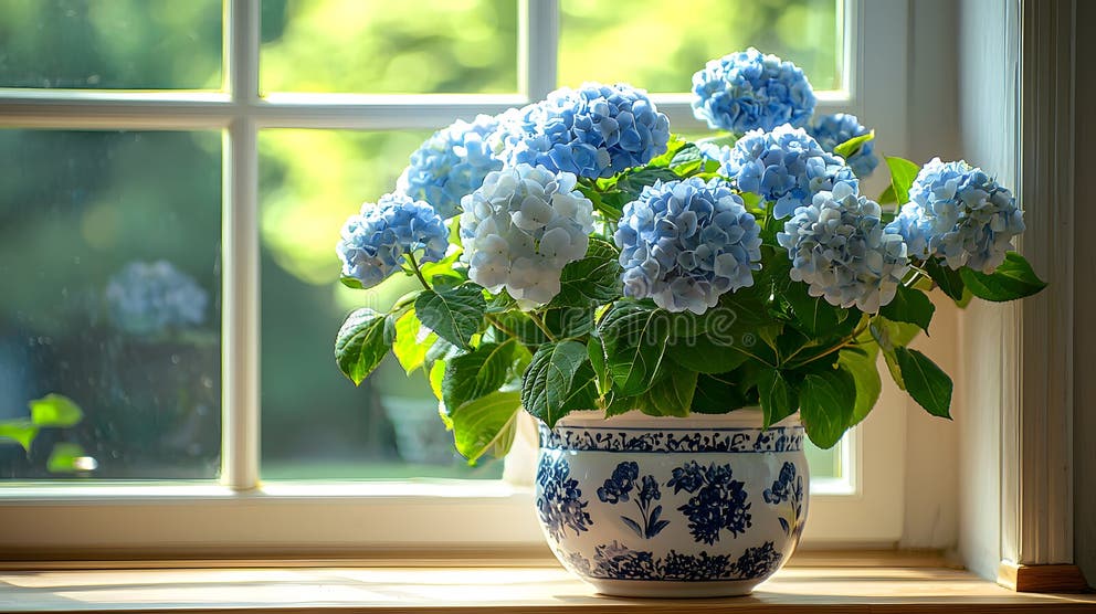 Beautiful White and Blue Hydrangeas in Decorative Pot by the Window ...