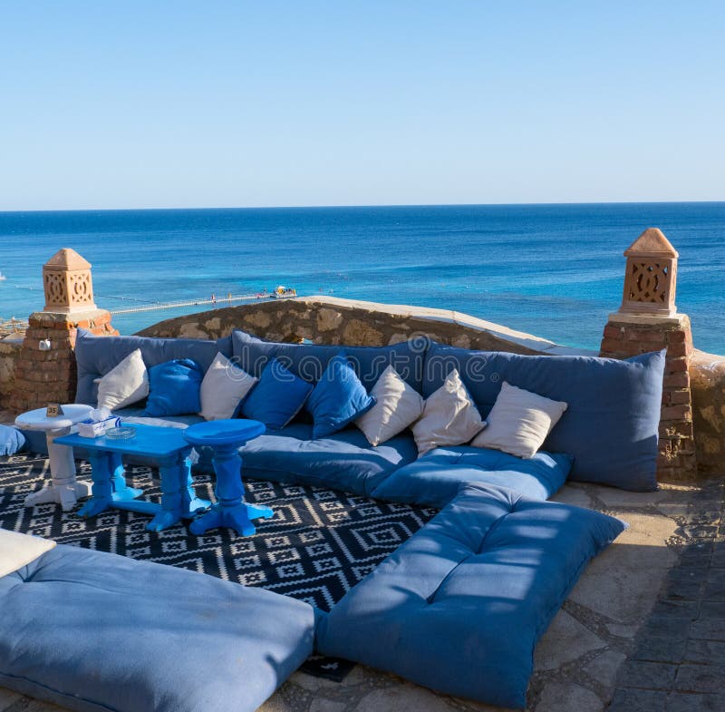 Beautiful White and Blue Street Cafe on the Seashore Stock Photo ...