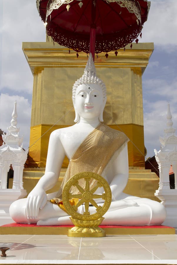 Beautiful White Buddha Statue on Golden Pagoda Background Stock Photo ...