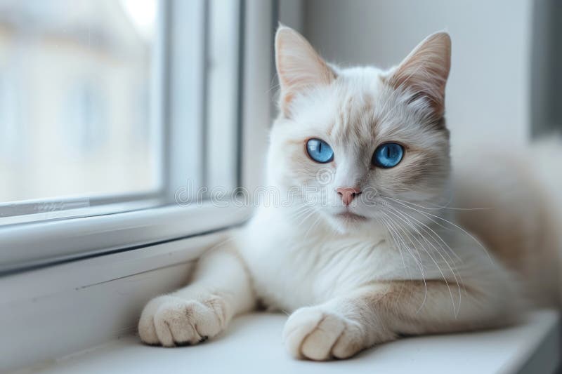 Beautiful White Cat with Blue Eyes on the Windowsill Stock Photo ...