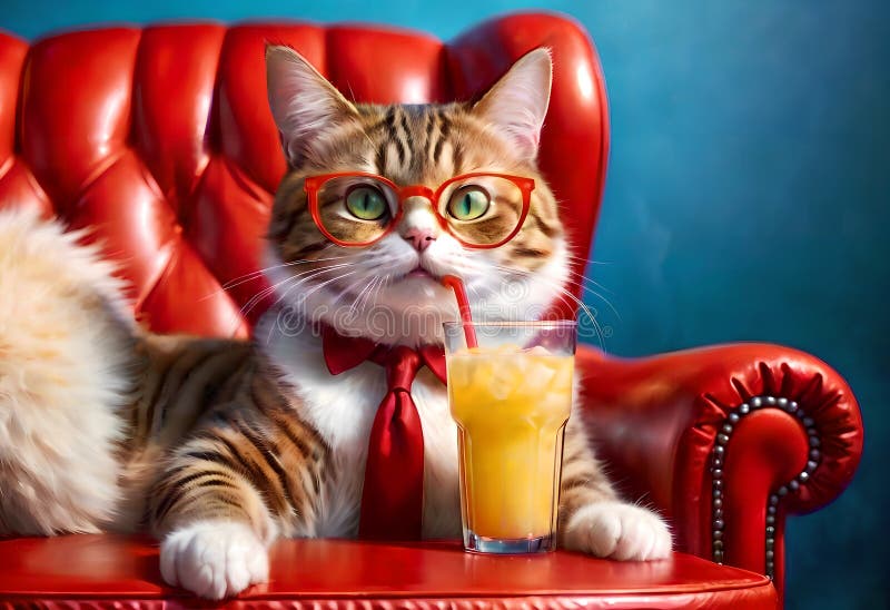 A Beautiful White Cat Drinks Lemonade while Sitting in a Chair. Stock ...