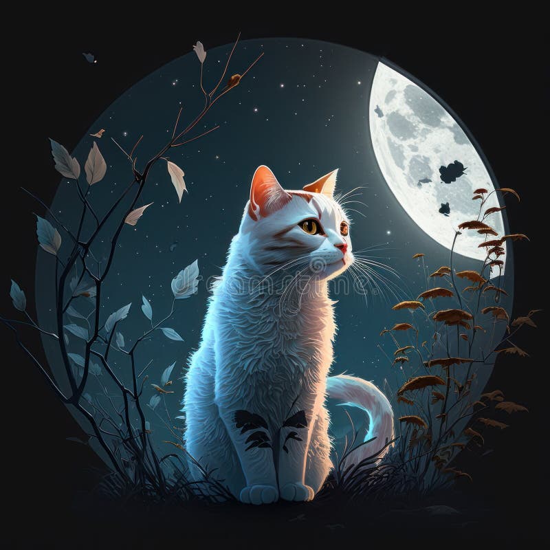 Beautiful White Cat in Front of Full Moon Generative AI Stock ...