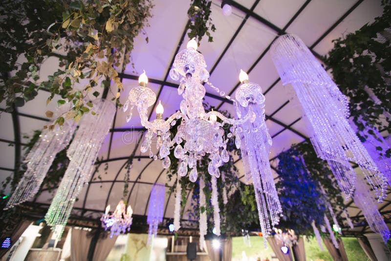 Beautiful White Chandelier in the Interior of the Restaurant. Stock ...