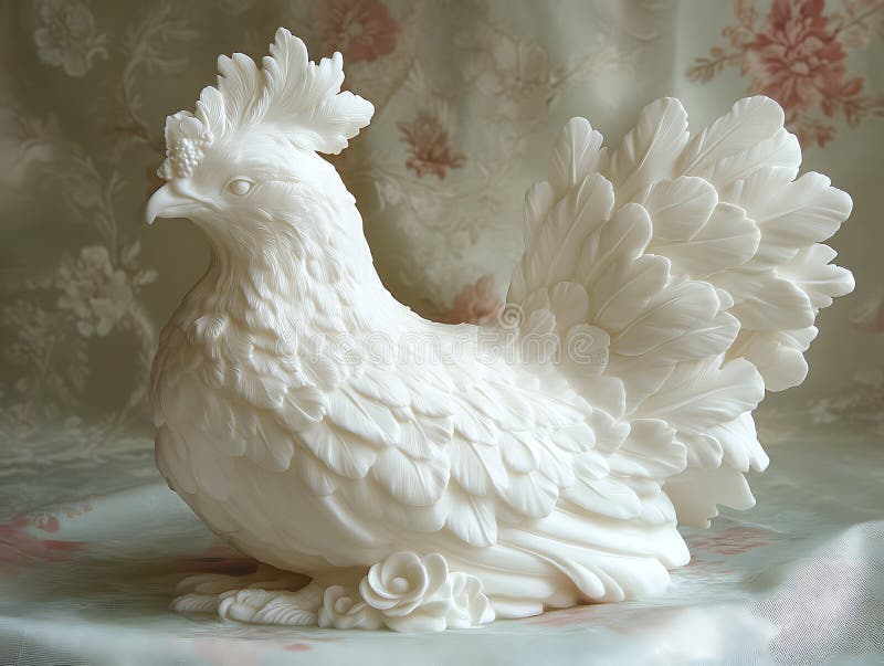 Beautiful White Chicken Statue Displayed on a Floral Fabric Background ...