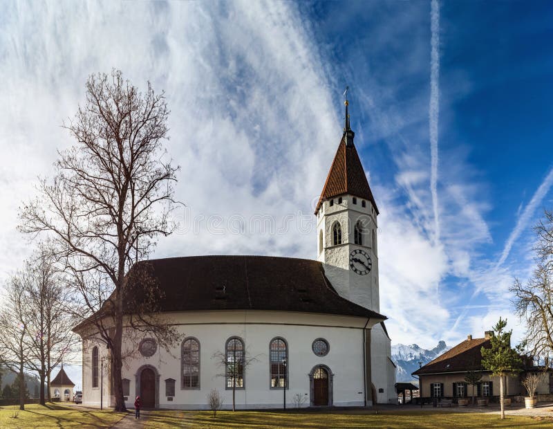 Beautiful White Church with High Tower in Thun, Switzerland Stock Image ...