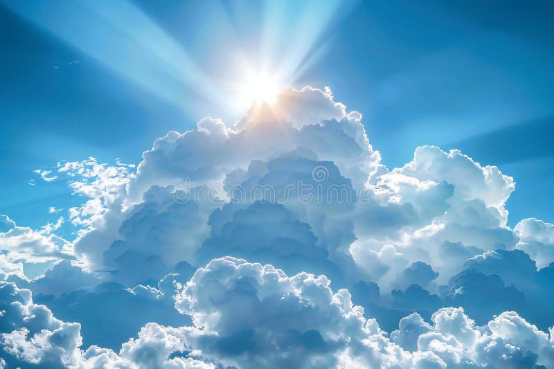 Beautiful White Clouds in the Blue Sky with Rays of Sunlight Shining ...