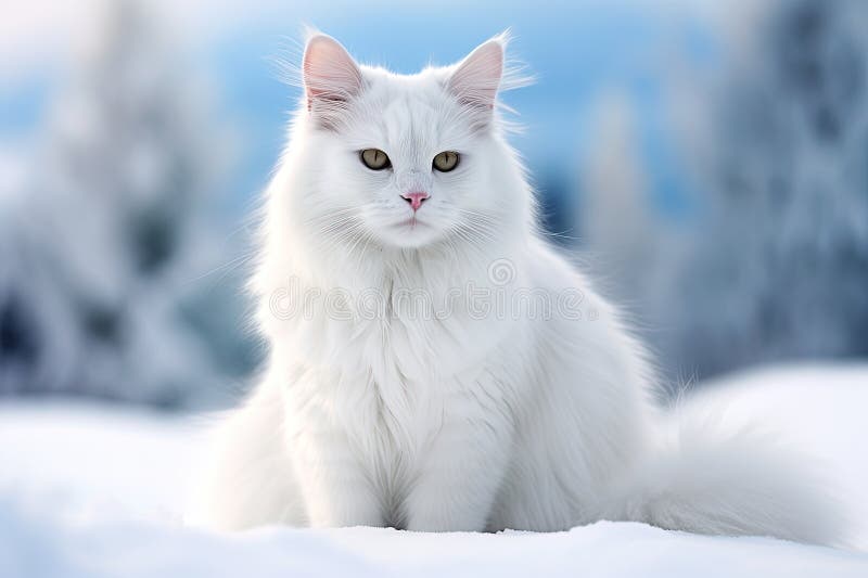 Beautiful White Fluffy Turkish Angora Cat at Snow. Generative AI Stock ...