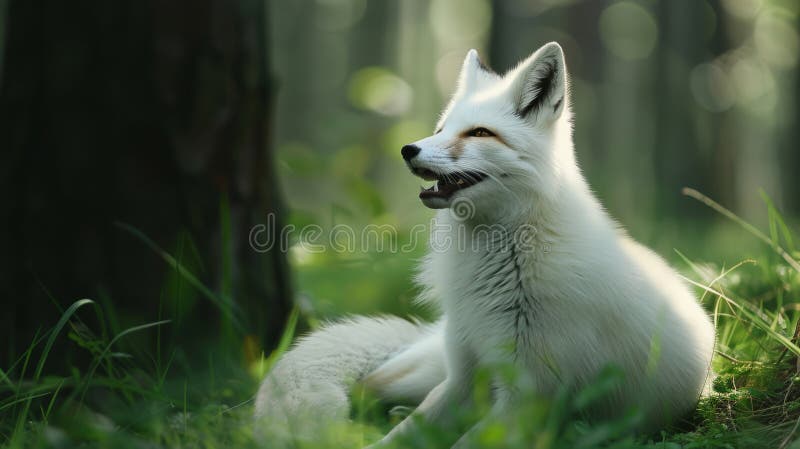 A Beautiful White Fox Perched in the Grass Next To a Tree in a Serene ...